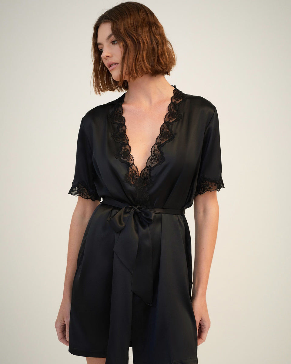 Ginia - Silk Robe With Lace Trim - Black – French Bikini